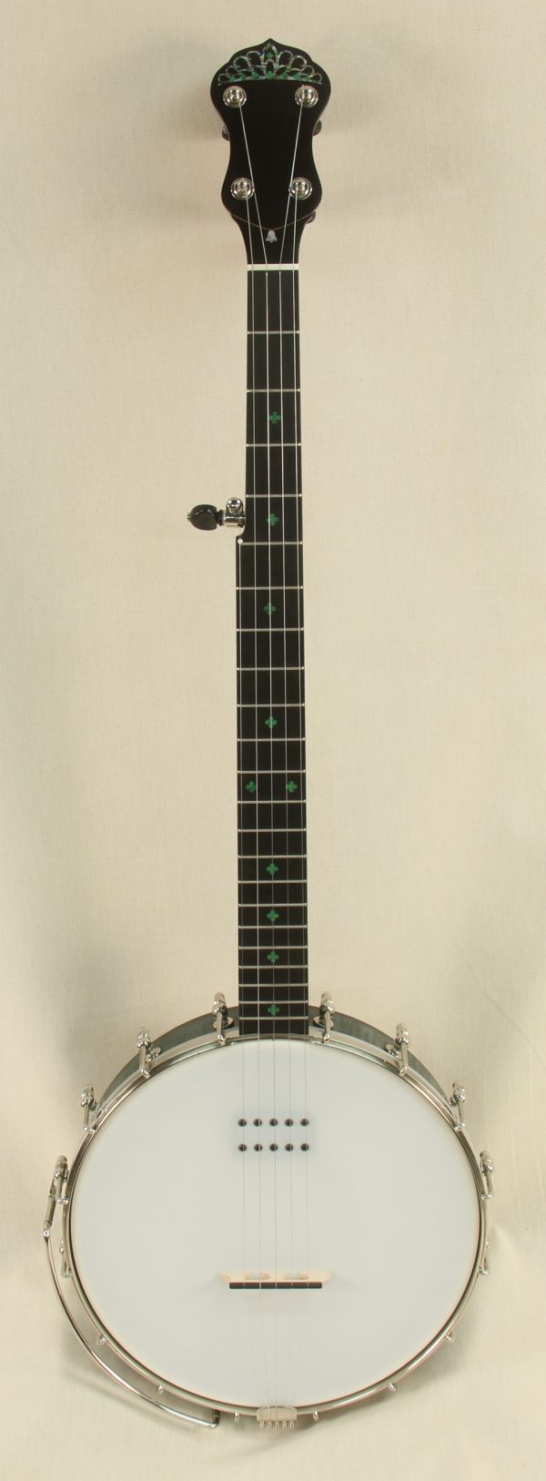 045 - Green clover sun and moon custom banjo - Seeders Instruments